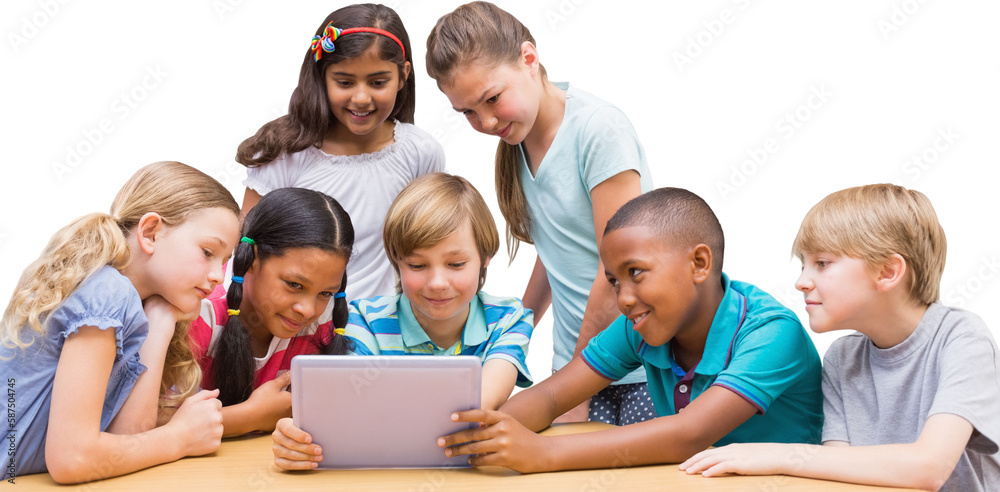 Cute pupils using tablet computer in library Stock Photo | Adobe Stock