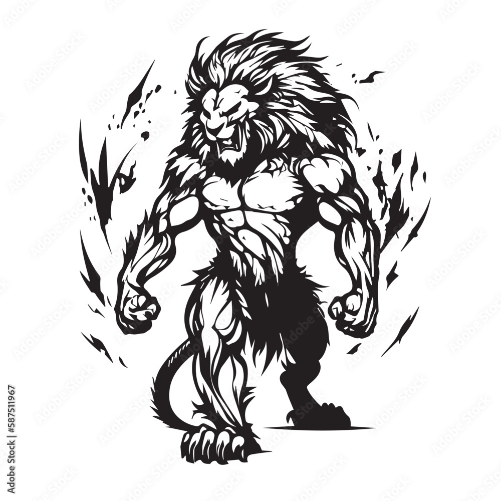 Angry face mascot muscular lion king. black white line art vector ...
