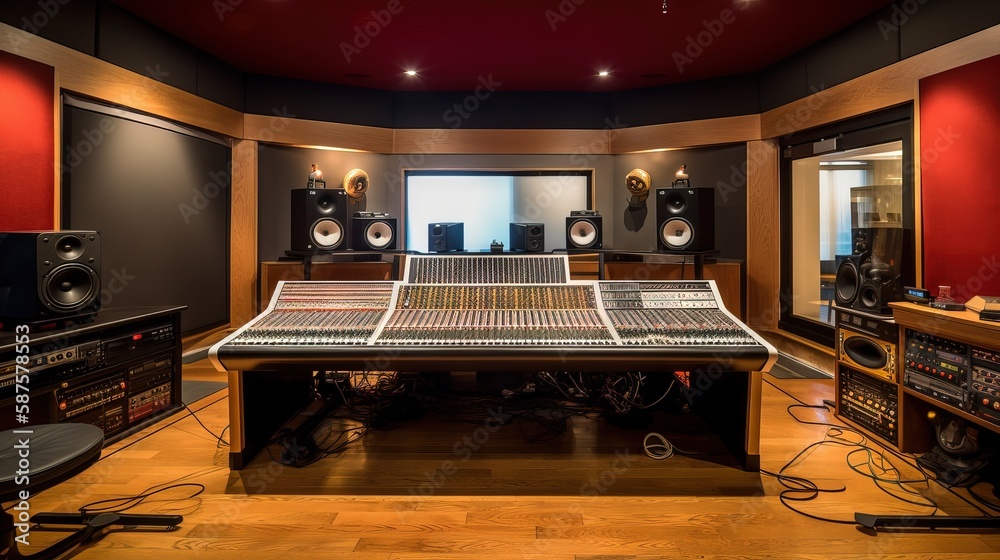 A fully equipped recording studio with a giant soundboard, audio ...