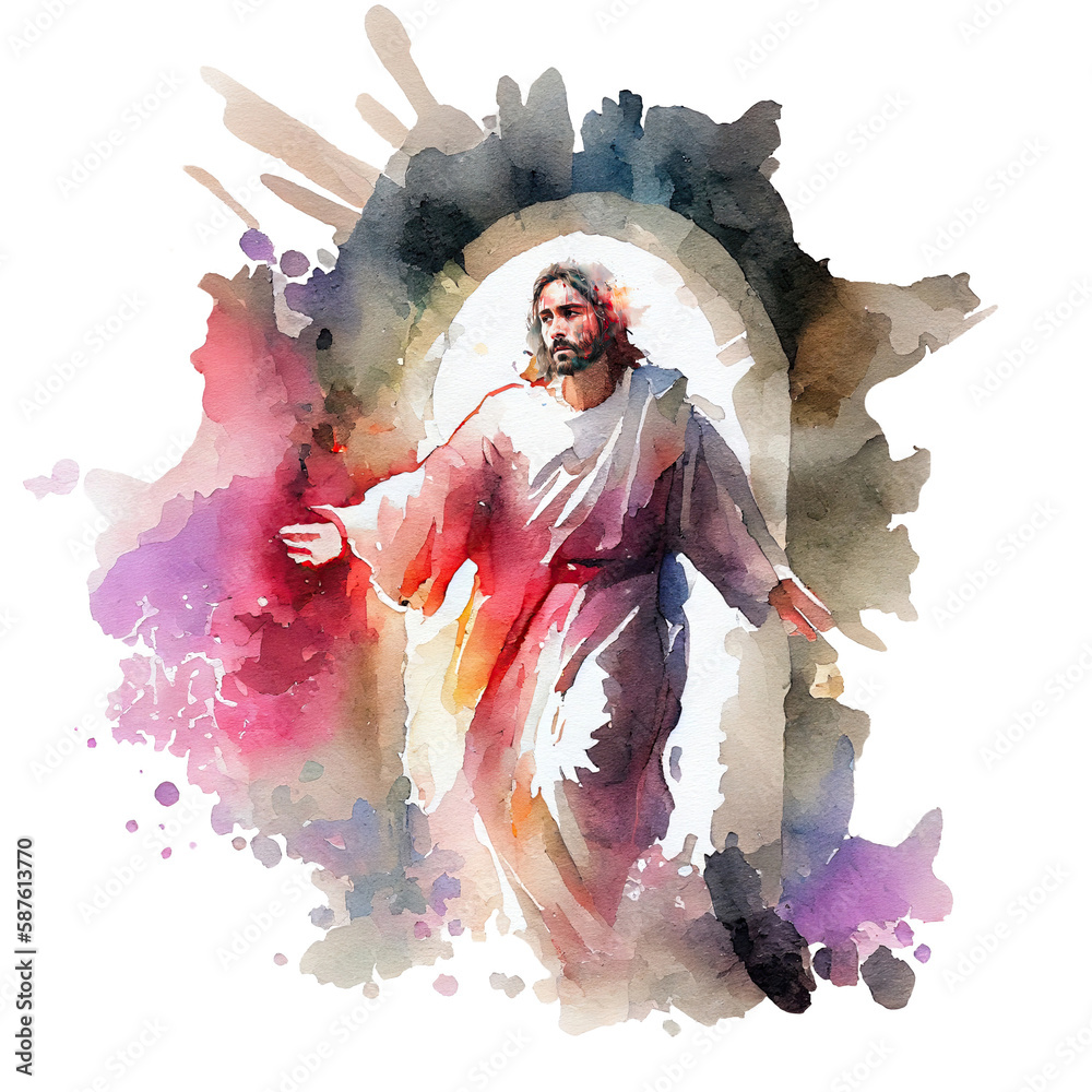 Watercolor drawing Jesus Christ Resurrected. Dark and red colors Easter ...