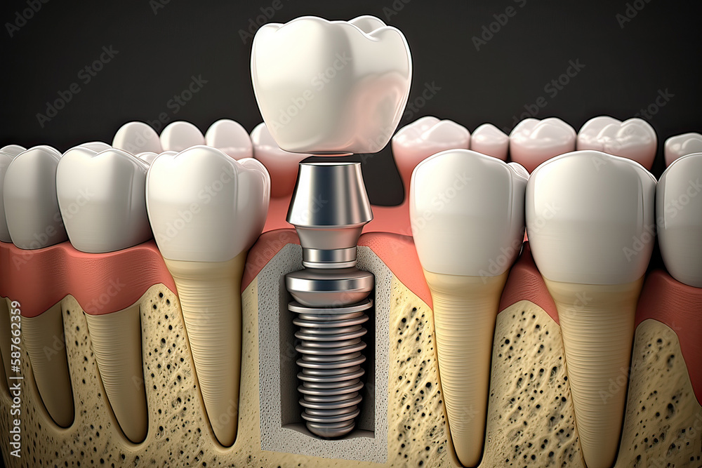 Rendering of a dental implant to replace a missing tooth. A titanium ...