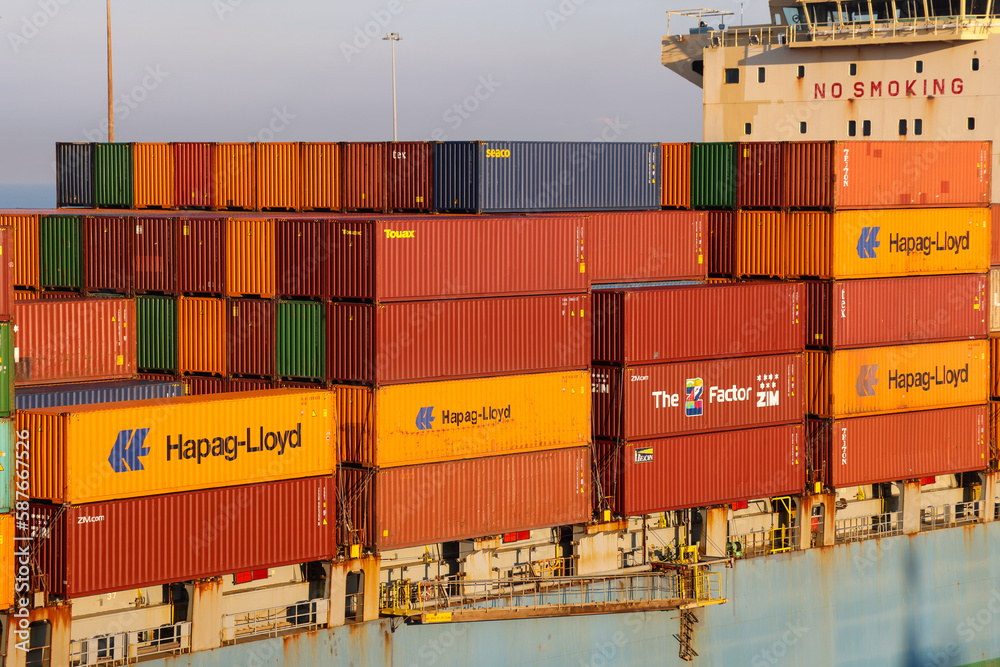 Livorno, Italy - 08 20 2023: Container terminal with stowed containers ...