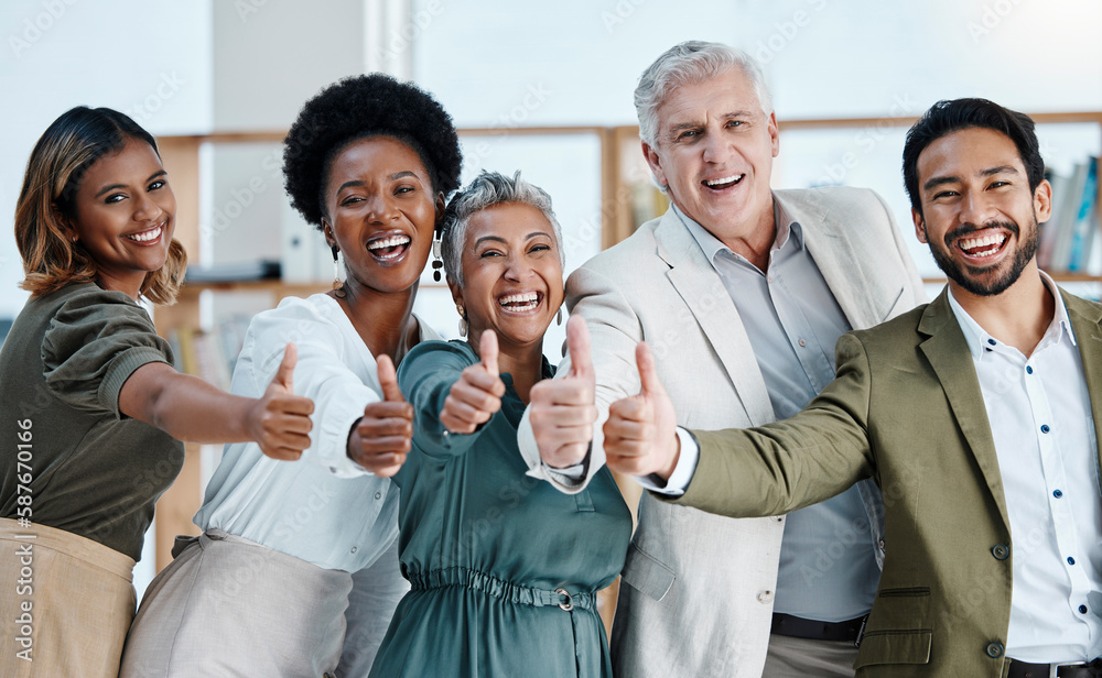 Foto de Stock Thumbs up, portrait and happy business people in office ...
