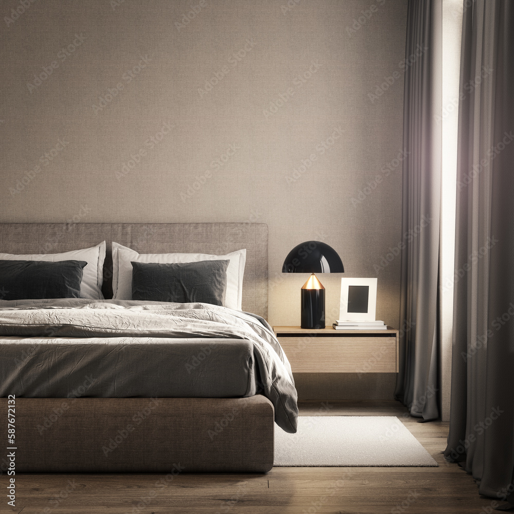 Modern bedroom interior design. Luxury home bedroom with empty wall ...