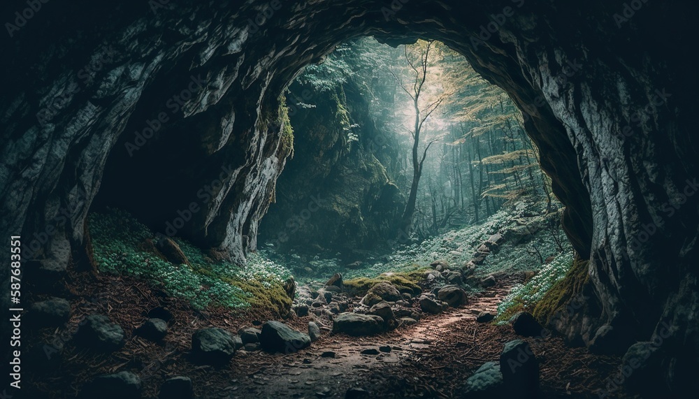 Photograph of a forest with a mysterious cave entrance 35mm f3.5 ...