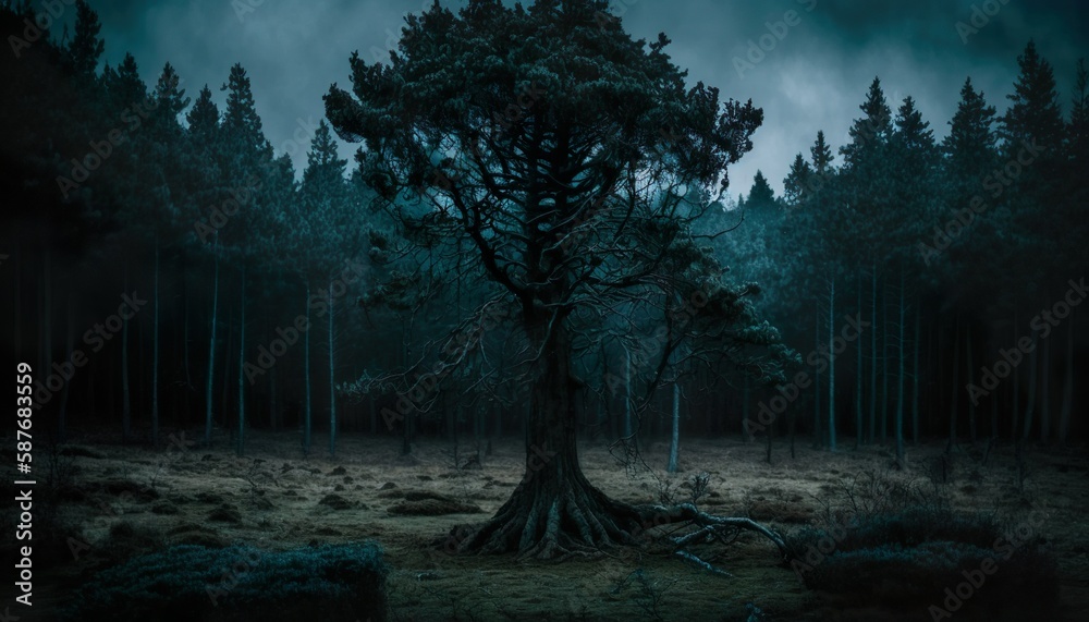 Photograph of a forest with an ominous-looking tree or group of trees ...