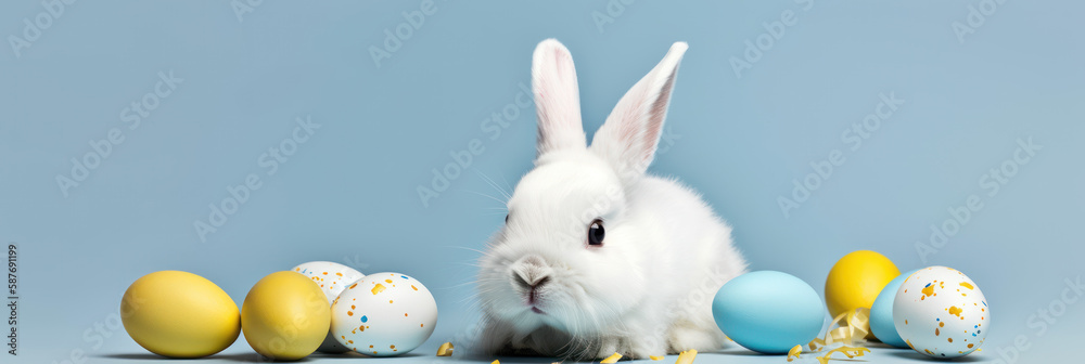 Easter banner header with copy space. Easter bunny and eggs on a blue ...