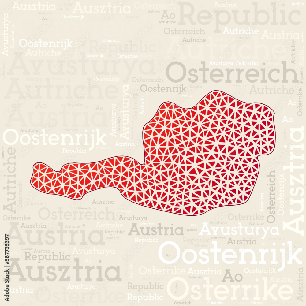 Austria map design. Country names in different languages and map shape ...