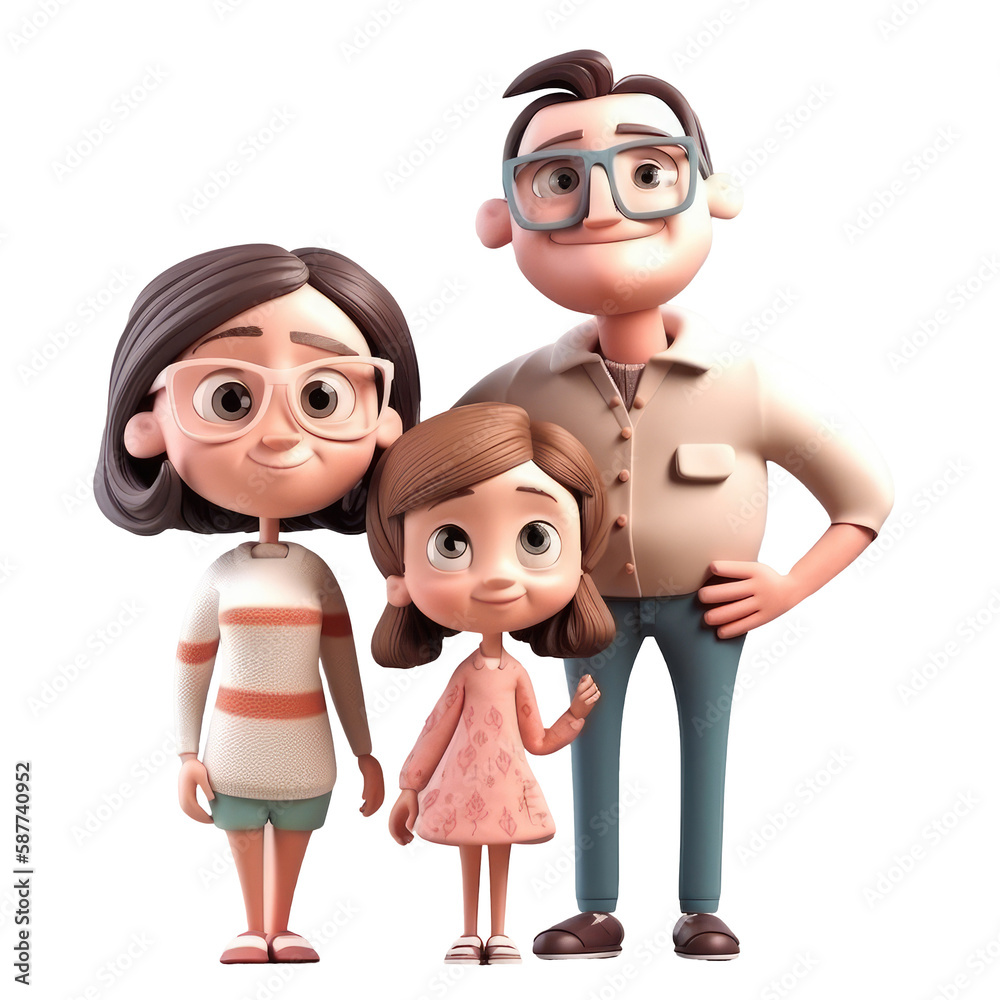 3d icon cute Happy young family. Dad, mom, daughter together ...