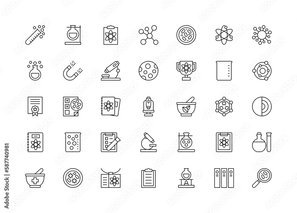 Laboratory, chemistry lab and diagrammatic icons showing assorted ...