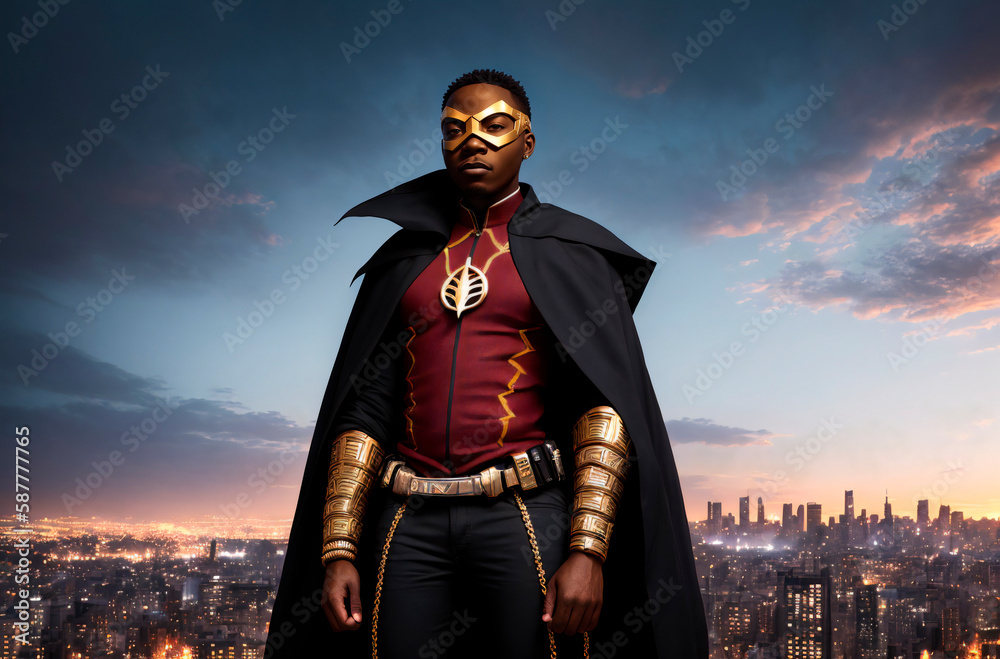African american superhero. Portrait of black man in fantastic costume ...