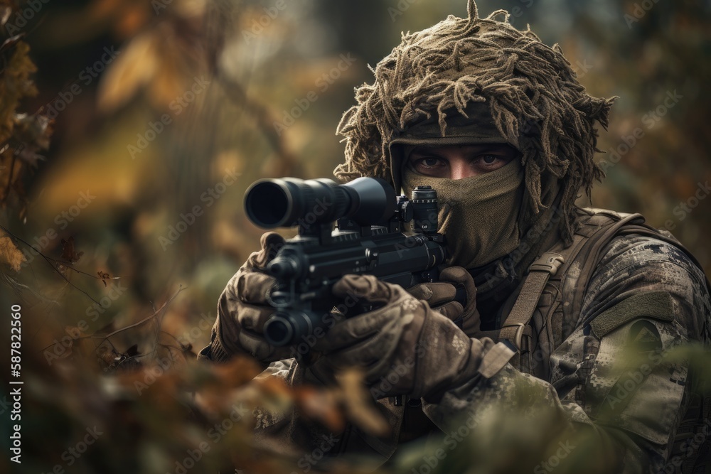 Sniper hidden in the woods taking aim to shoot. The image conveys a ...