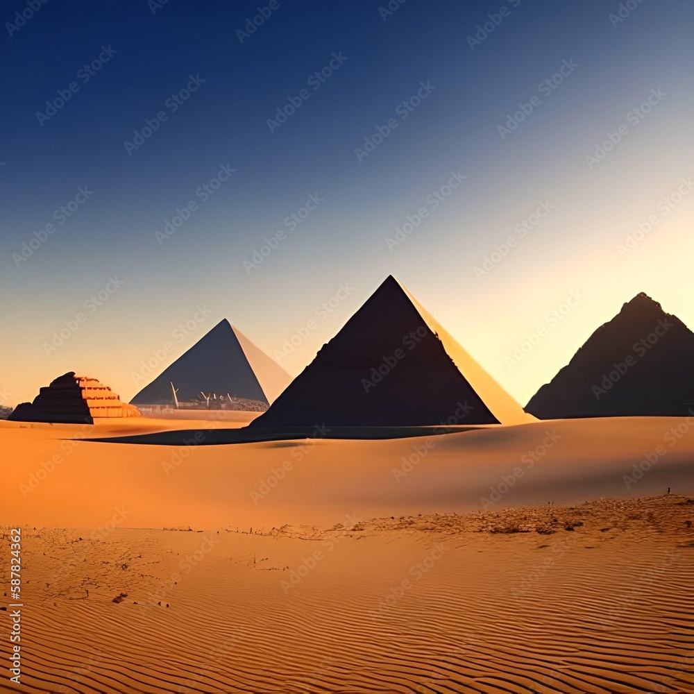 Desert with the great pyramids of ancient Egypt. Giza with pyramids ...