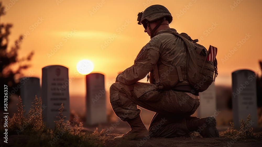 Military man kneeling of grave fallen soldier, sunset. Concept veteran ...