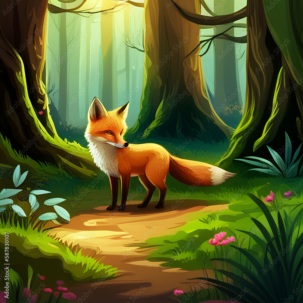 cartoon fox in forest, a cute adorable baby fox, children-friendly ...