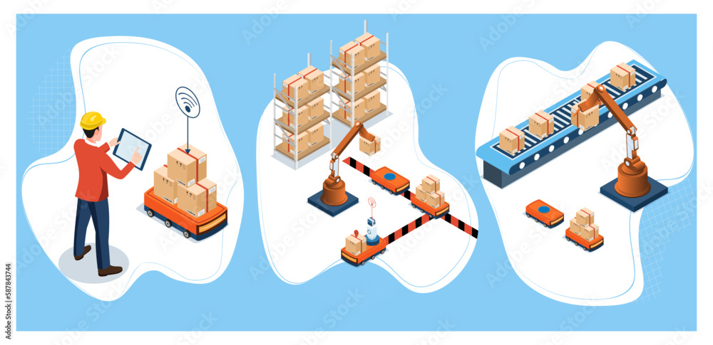 3D isometric automated warehouse robots and Smart warehouse technology concept with Warehouse ...