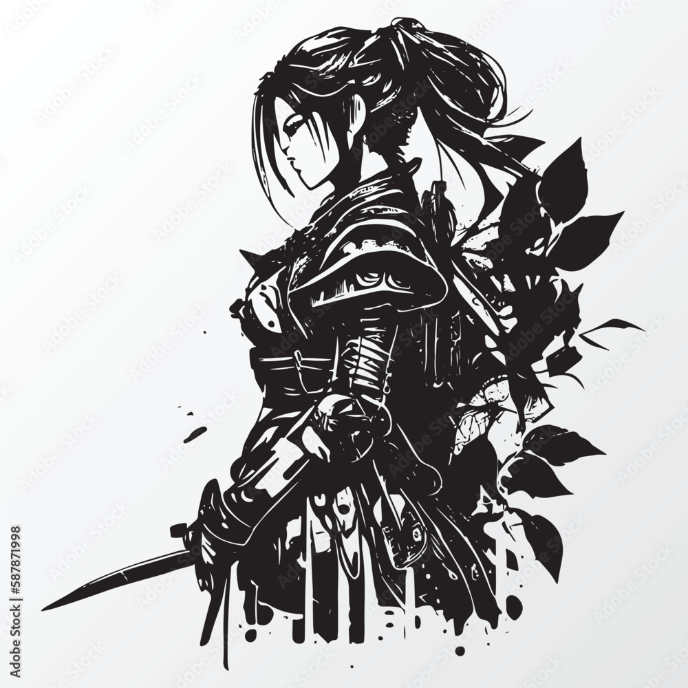 Cartoon samurai women character sketch in anime style Stock Vector ...
