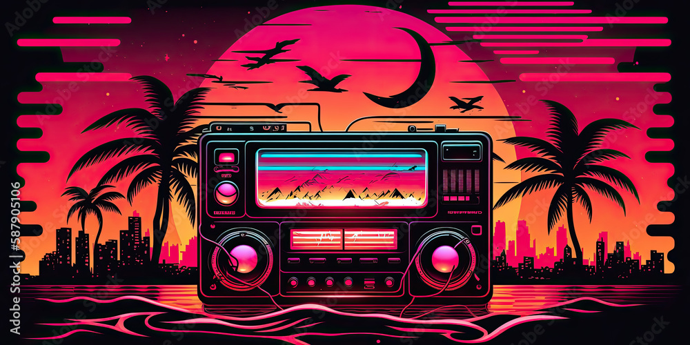 Stereo in front of a city, represented in a retro electro vibe, created ...