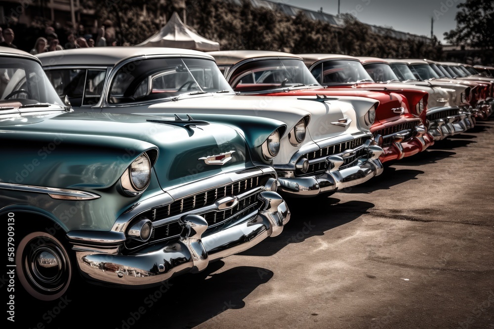 Gleaming Classic Cars Lineup: Vintage Transportation Background ...