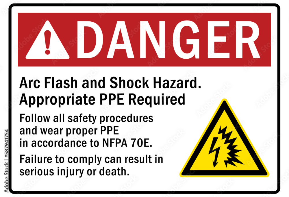 Arc flash and shock hazard sign and labels appropriate PPE required ...