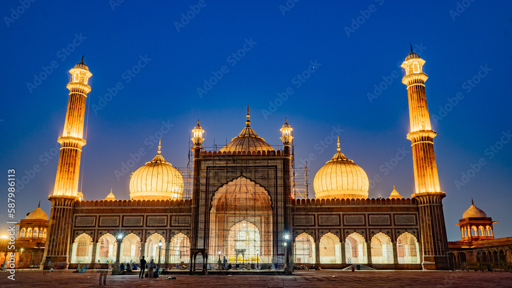Night view of Jama Masjid, one of the largest Indian mosques, built by ...
