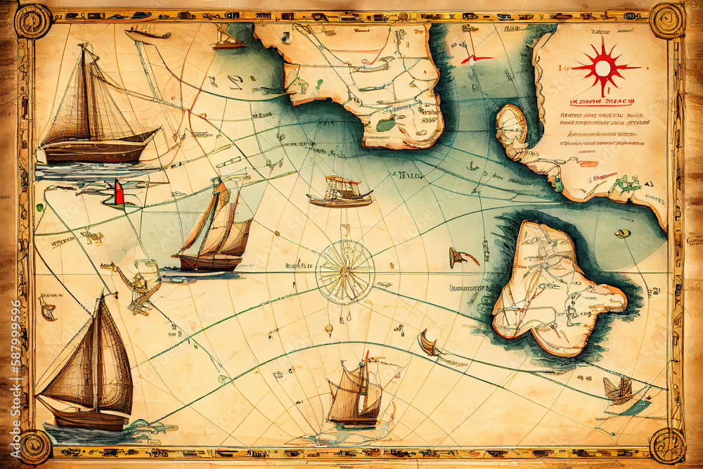 image of ancient nautical chart of sea routes of medieval ships ...