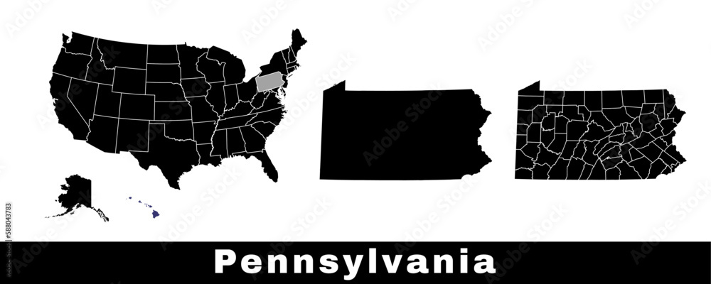 Pennsylvania state map, USA. Set of Pennsylvania maps with outline ...