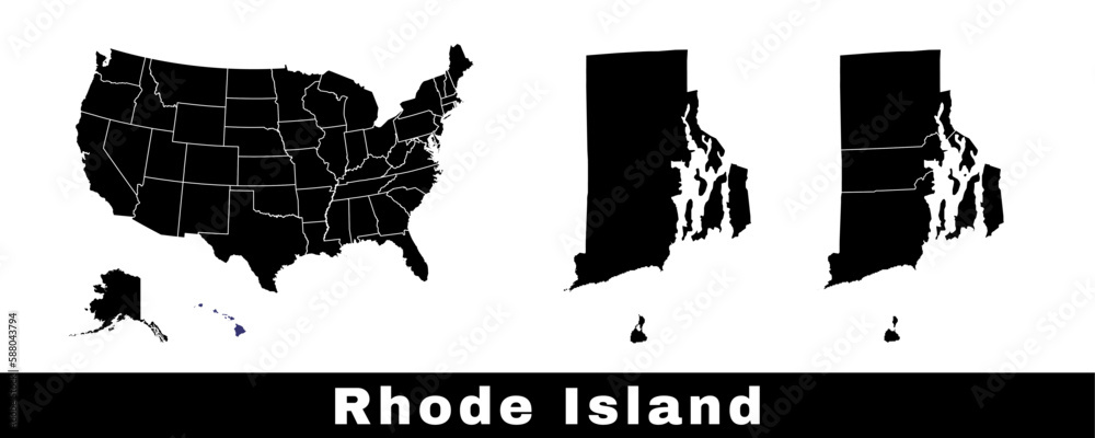 Rhode Island state map, USA. Set of Rhode Island maps with outline ...