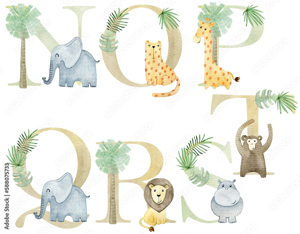 Watercolor cute safari animals letters for invitation card, nursery ...