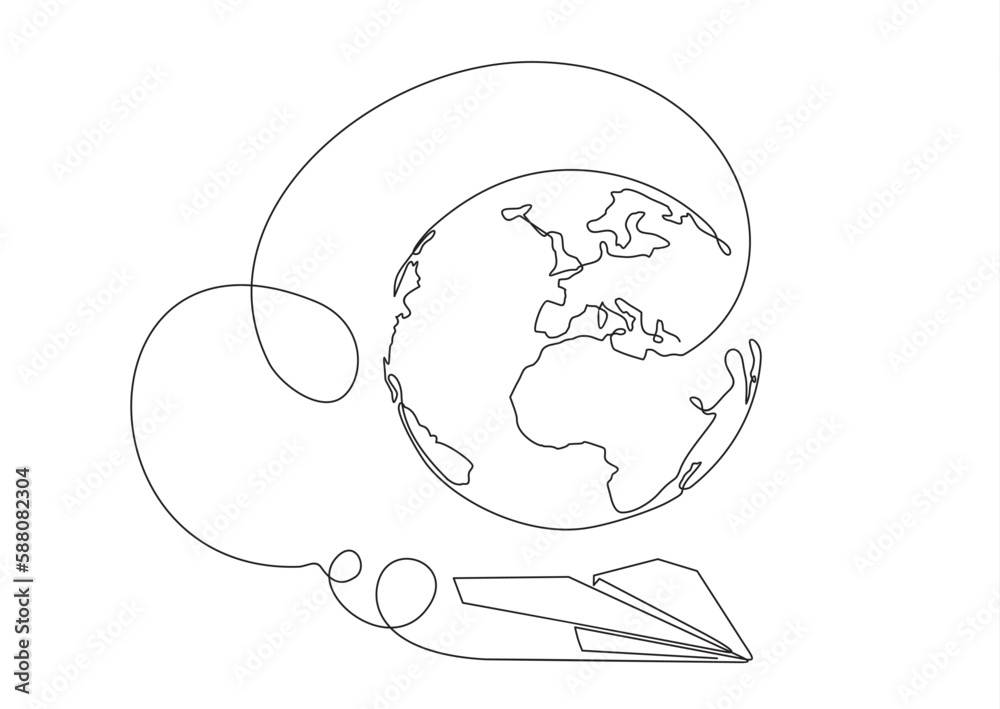 continuous line drawing paper plane taking off from a map and flying ...