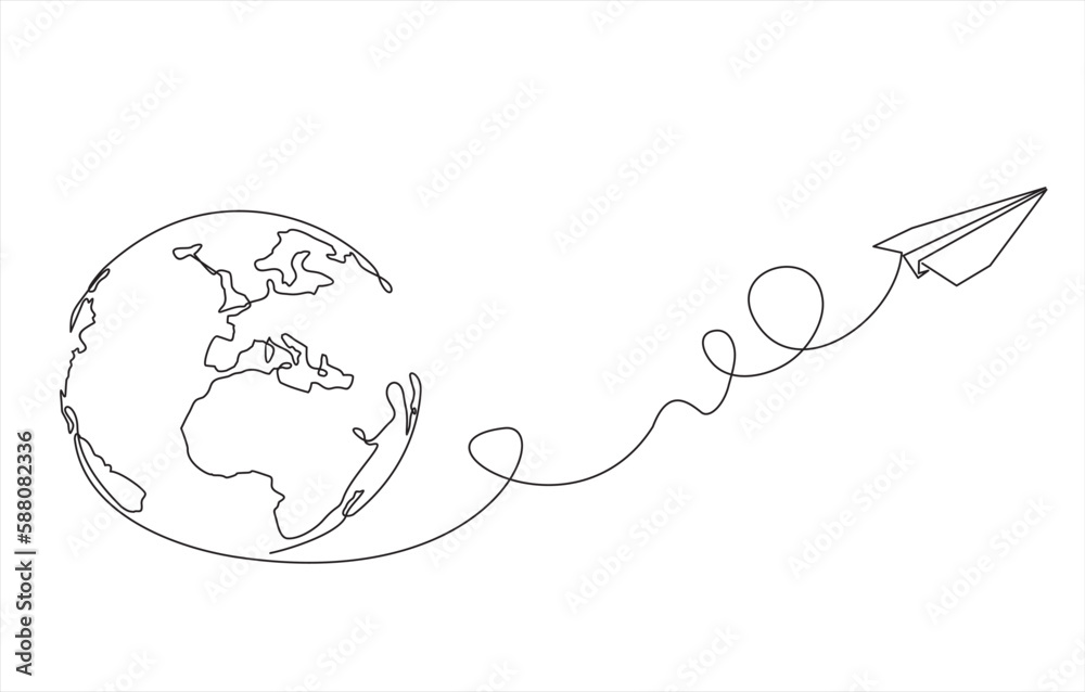 continuous line drawing paper plane taking off from a map and flying ...