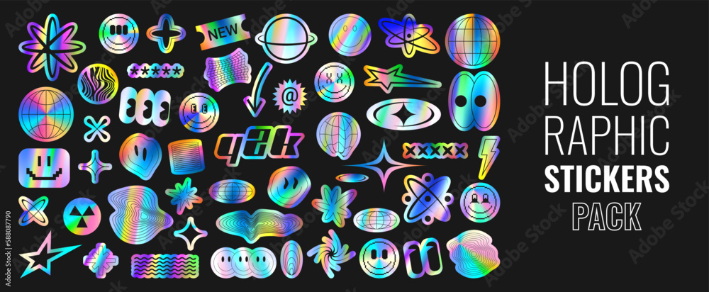 Set of holographic retro futuristic stickers. Vector illustration with ...