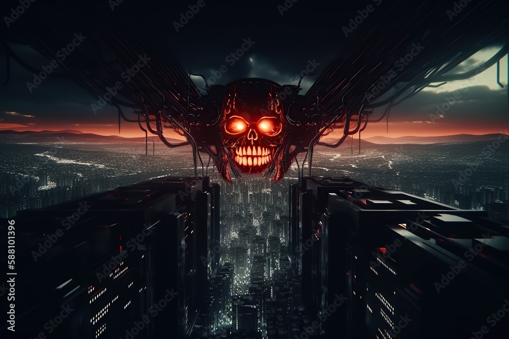 Ilustración de Stock Evil AI rules the city. Danger of strong ...