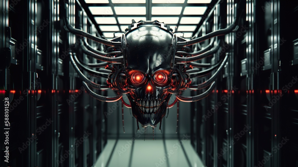 Evil AI face in data center. Danger of strong artificial intelligence ...