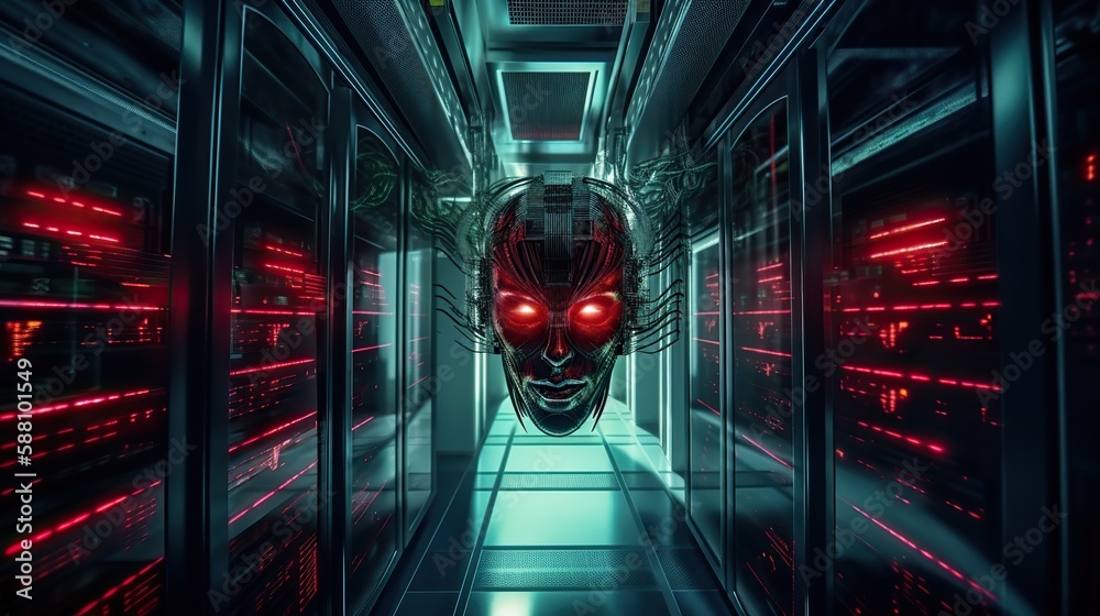 Evil AI face in data center. Danger of strong artificial intelligence ...