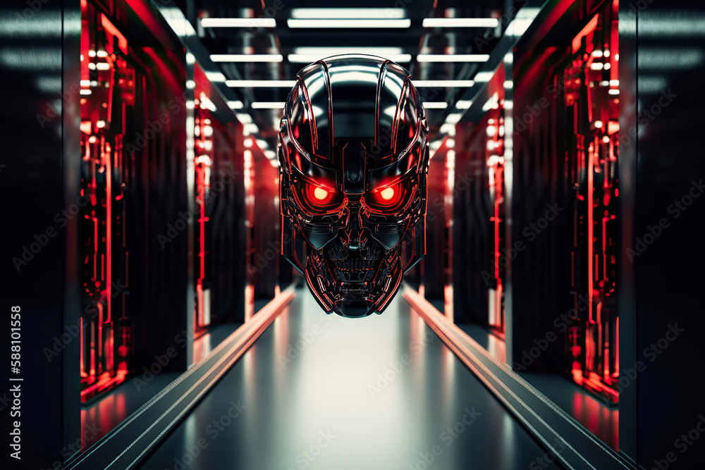 Evil AI face in data center. Danger of strong artificial intelligence ...