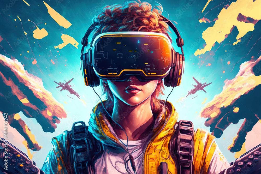3D cartoon illustration of young woman in vr goggles and headphones ...
