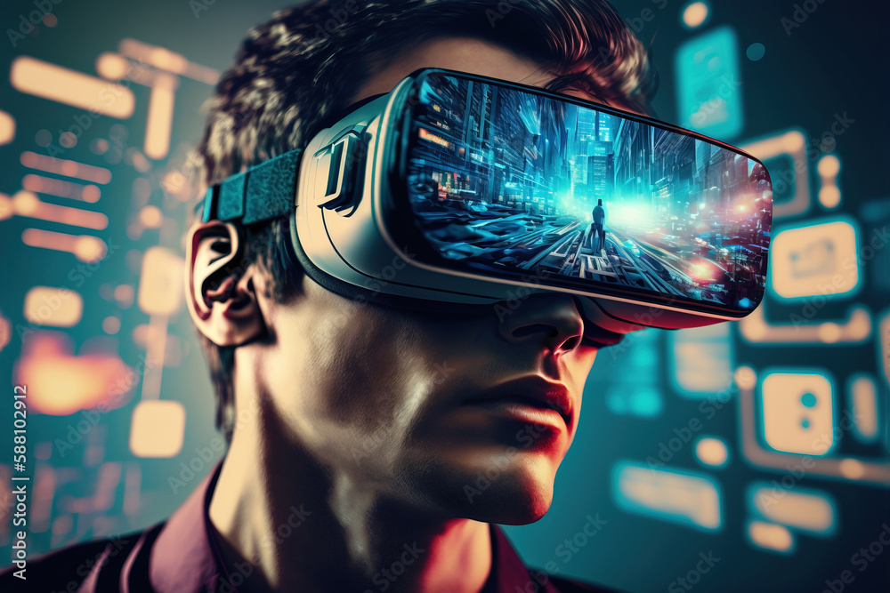 Closeup face portrait of handsome gamer in vr glasses with episode of ...