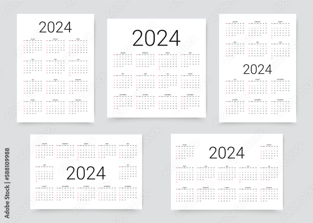 2024 year calendar. Calender template. Week starts Sunday. Layout grid ...