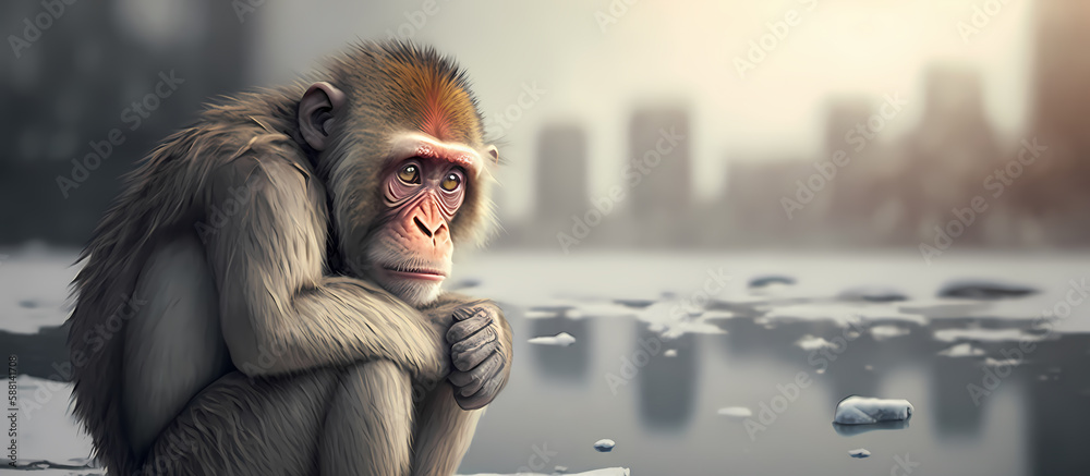 Monkeys are sad to see global warming, desperate and depression animal, Generative AI Technology ...