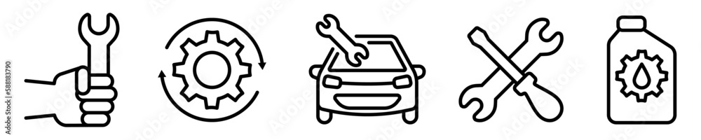 Conjunto de iconos de mecánica automotriz. Concepto de ajustes y ...