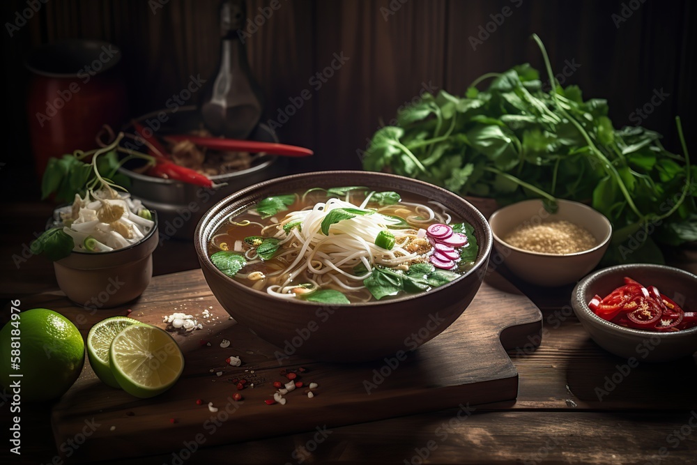 Photographic close-up delicious Pho, with beautiful kitchen background ...