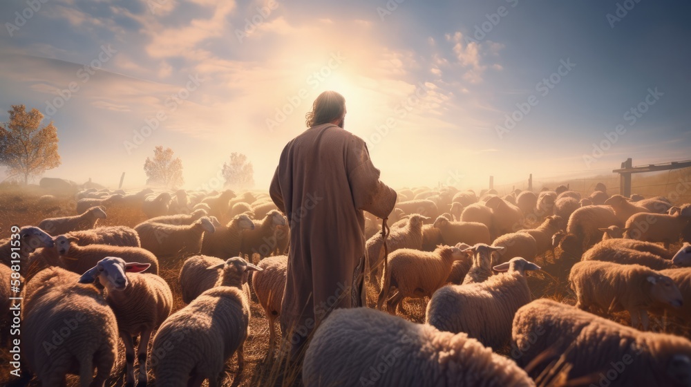 Jesus the good shepherd, guiding his sheep, christian concept, generative ai Stock Illustration ...