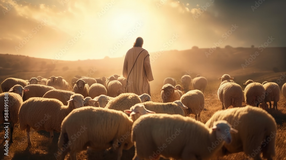 Jesus the good shepherd, guiding his sheep, christian concept ...