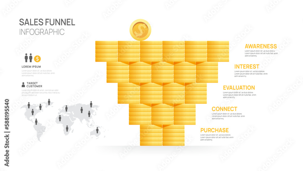 Infographic Sales funnel coin diagram template for business. Modern ...