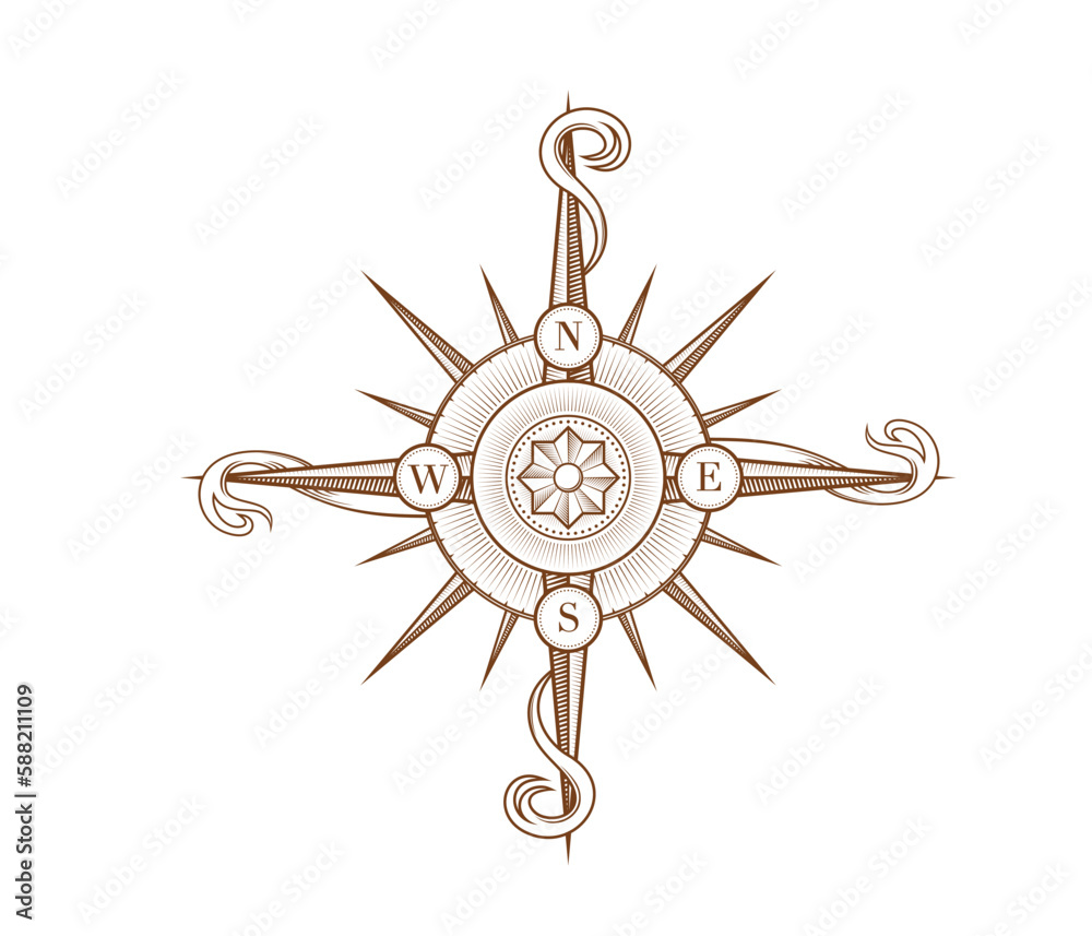 Vintage wind rose compass with Medieval antique ribbons, vector north ...
