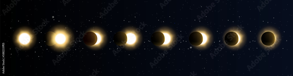 Solar eclipse in different phases. Cosmos with moon and sun in total and partial solar eclipse ...