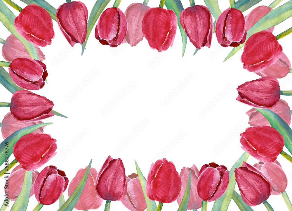 Watercolor flower border frame of tulip flowers. Template wedding ...