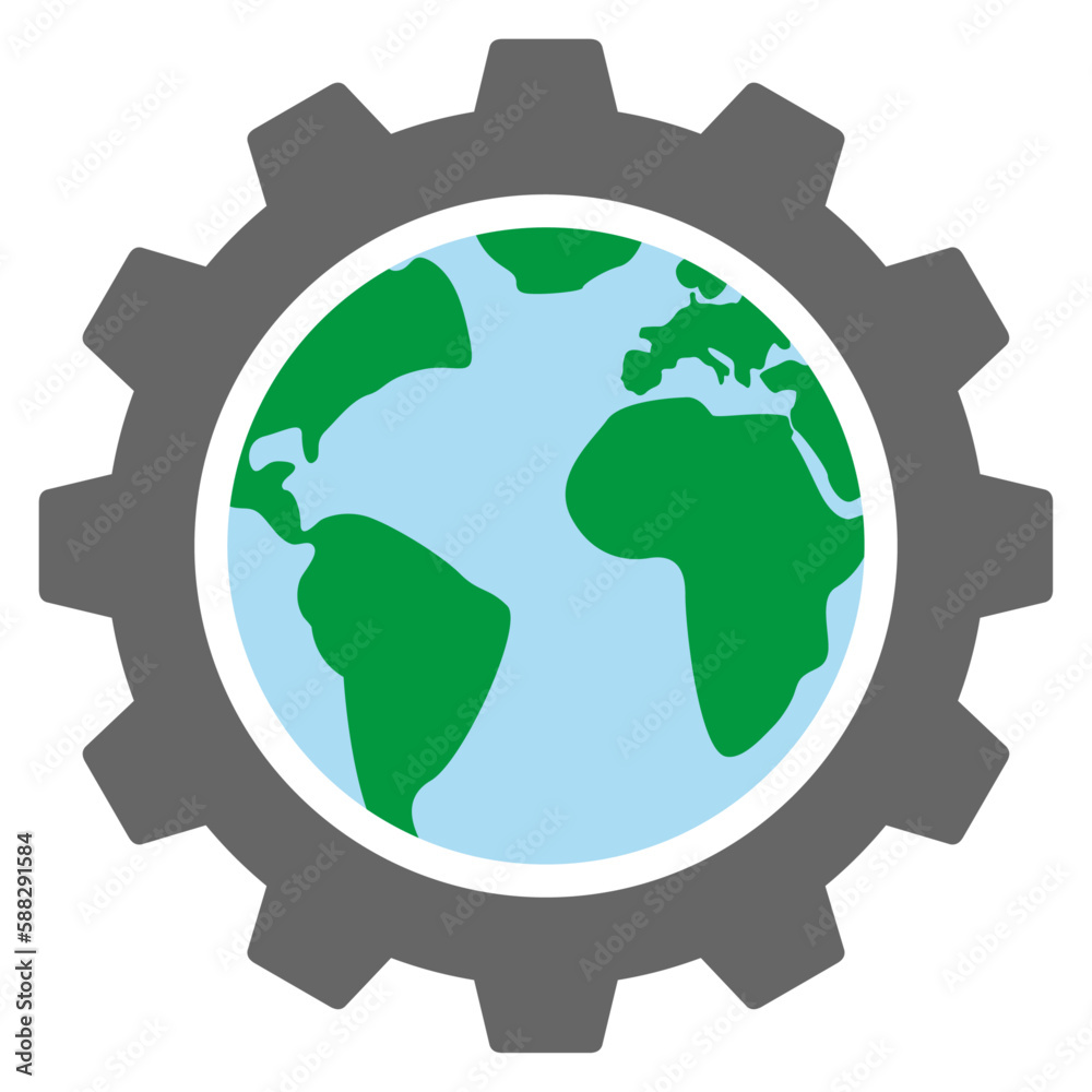 Logo Earth Day. Icono mapa de la tierra con silueta de rueda dentada 素材 ...