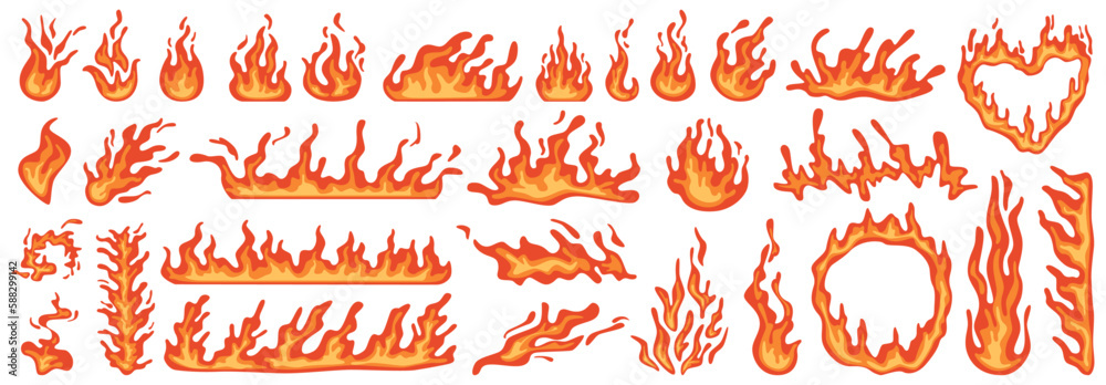 Vetor Burning flames and blaze, burst of fire. Ignition and ...